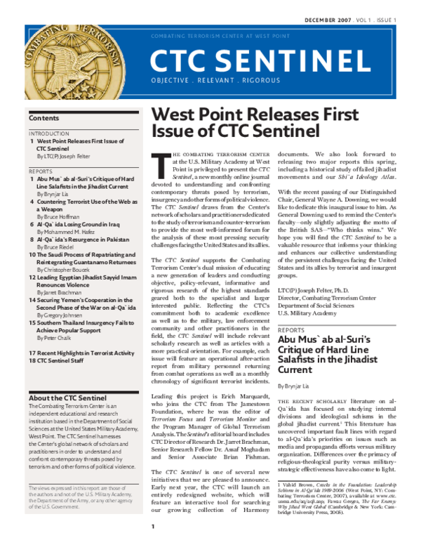(PDF) West Point Releases First Issue of CTC Sentinel
