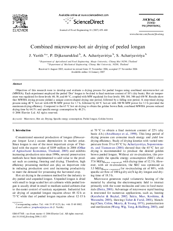 (PDF) Combined microwave-hot air drying of peeled longan