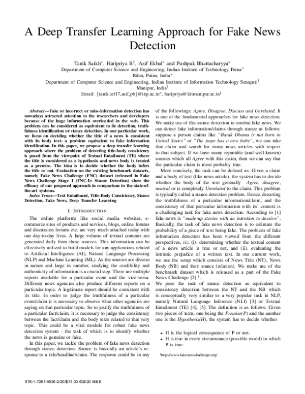 (PDF) A Deep Transfer Learning Approach for Fake News Detection