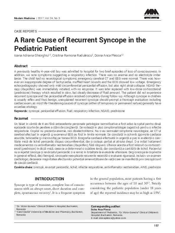 (PDF) A Rare Cause of Recurrent Syncope in the Pediatric Patient