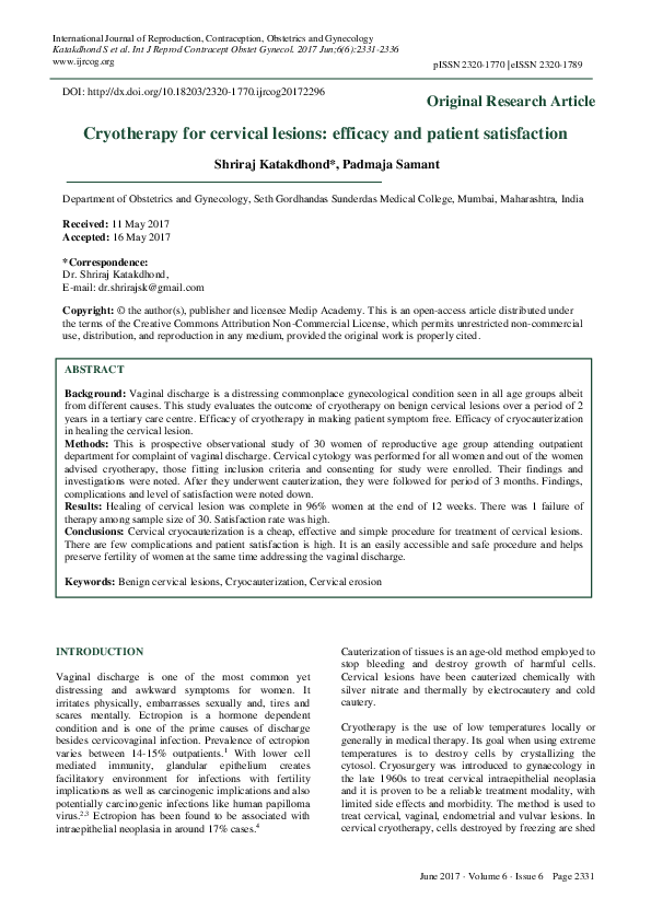 (PDF) Cryotherapy for cervical lesions: efficacy and patient satisfaction