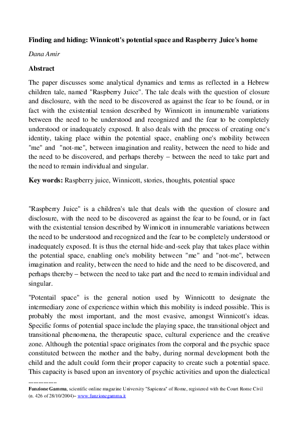 (PDF) Finding and hiding: Winnicott's potential space and Raspberry ...
