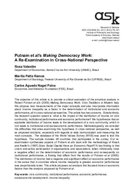 (PDF) Putnam et al's Making democracy work : a re-examination in cross ...