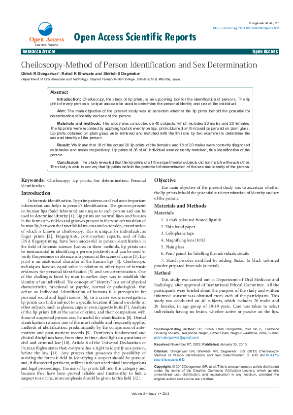 (PDF) Cheiloscopy-Method of Person Identification and Sex Determination