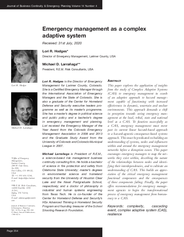 (PDF) Emergency management as a complex adaptive system
