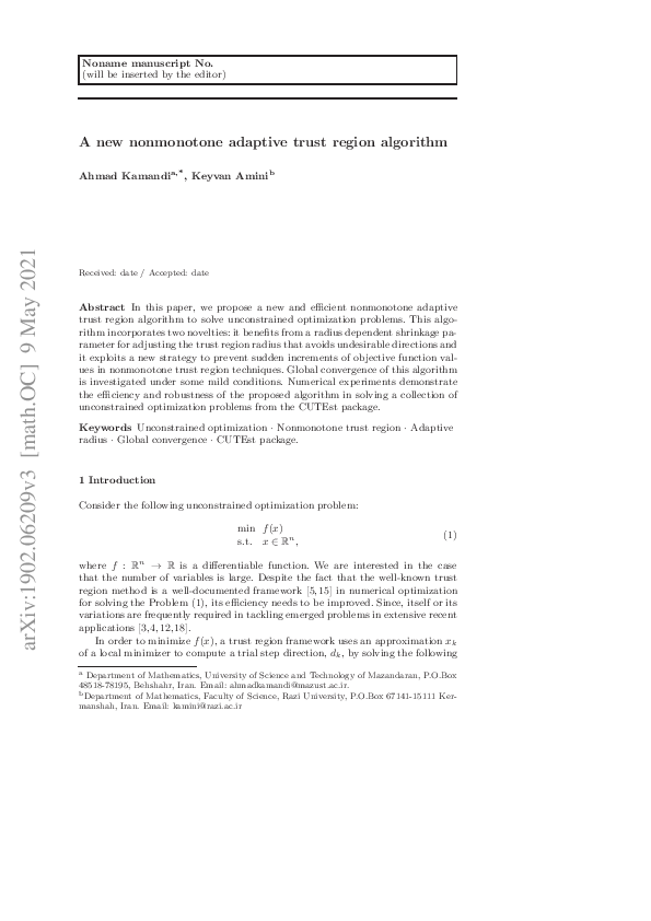 Pdf A New Nonmonotone Adaptive Trust Region Algorithm Drkeyvan Amini