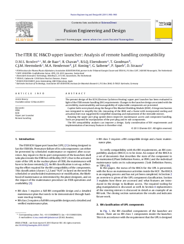 (PDF) The ITER EC H&CD upper launcher: Analysis of remote handling ...
