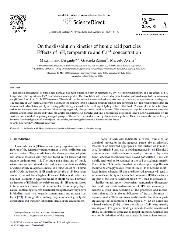 (PDF) On the dissolution kinetics of humic acid particles:: Effects of ...