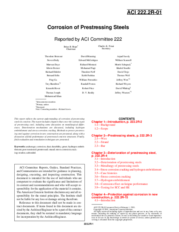 (PDF) Corrosion of Prestressing Steels ACI 222 . 2 R-01 Reported by ACI ...