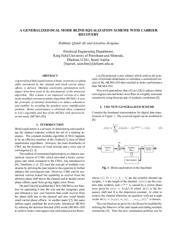 Pdf A Generalized Dual Mode Blind Equalization Scheme With Carrier Recovery