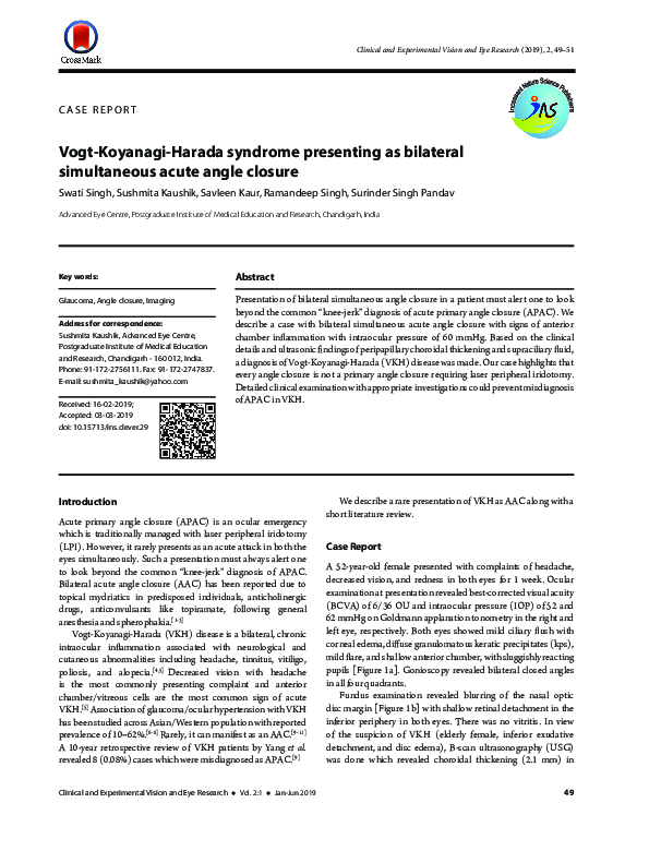 (PDF) Vogt-Koyanagi-Harada syndrome presenting as bilateral simultaneous acute angle closure
