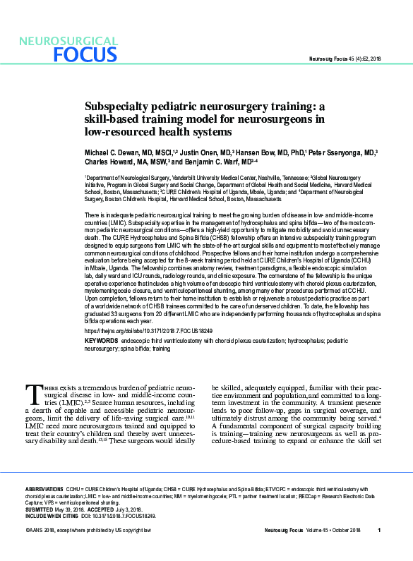 (PDF) Subspecialty pediatric neurosurgery training: a skill-based ...