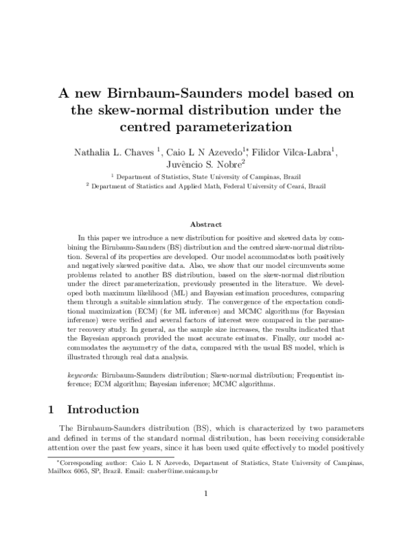 (PDF) A new Birnbaum-Saunders model based on the skew-normal distribution under the centred ...