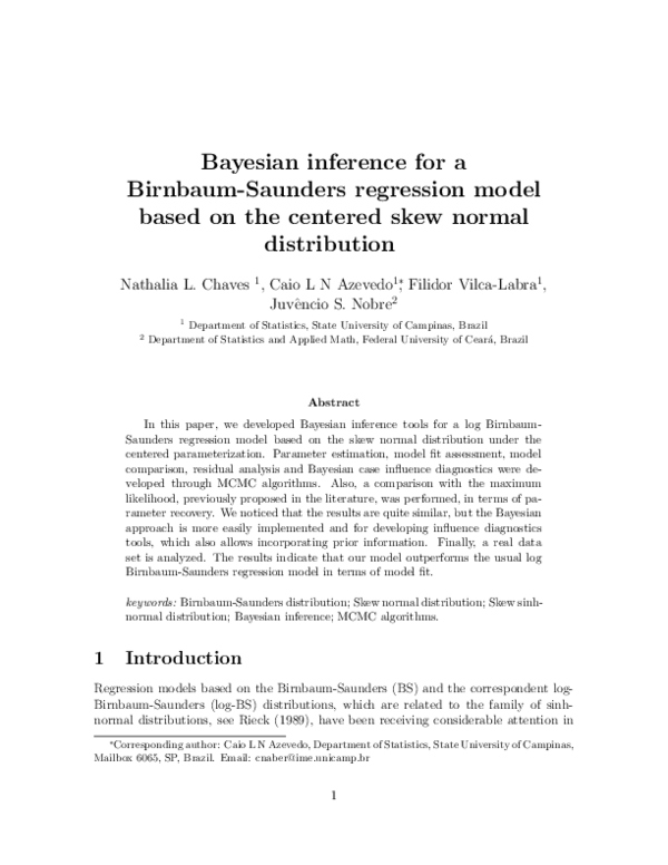 Pdf Bayesian Inference For A Birnbaum Saunders Regression Model Based On The Centered Skew