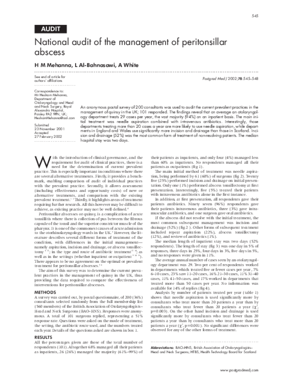 (PDF) National audit of the management of peritonsillar abscess