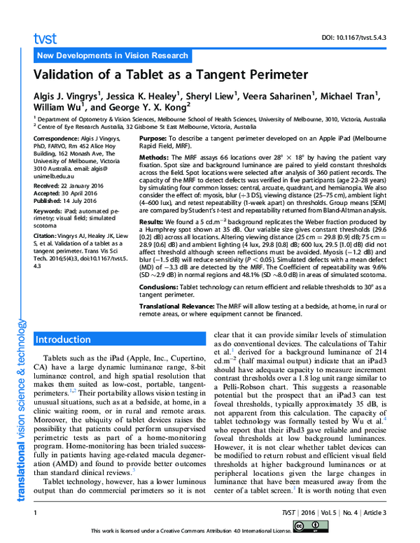 (PDF) Validation of a Tablet as a Tangent Perimeter