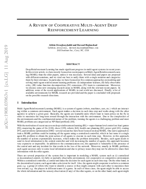 (PDF) A Review of Cooperative Multi-Agent Deep Reinforcement Learning