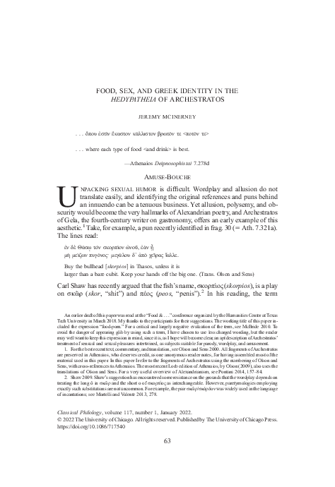 (PDF) FOOD, SEX, AND GREEK IDENTITY IN THE HEDYPATHEIA OF ARCHESTRATOS