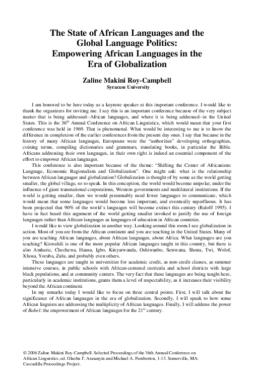 (PDF) The State of African Languages and theGlobal Language Politics ...