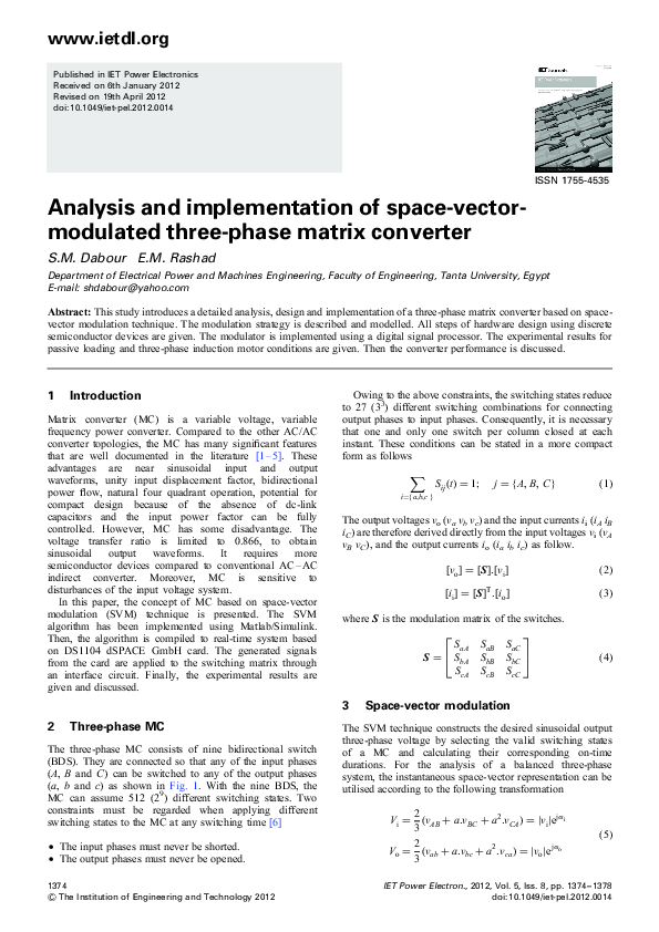 Pdf Analysis And Implementation Of Space Vector Modulated Three Phase Matrix Converter Essam