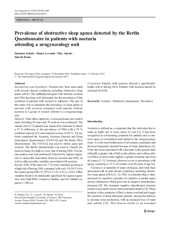 (PDF) Prevalence of obstructive sleep apnea detected by the Berlin ...