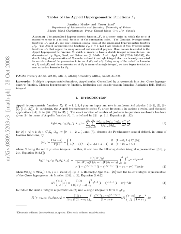 (PDF) Tables of the Appell Hypergeometric Functions $F_2$