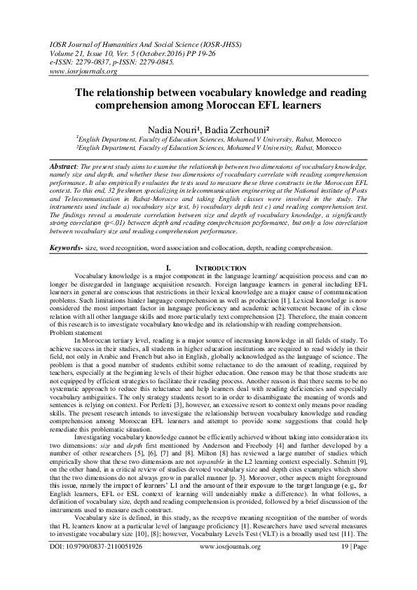 (PDF) The relationship between vocabulary knowledge and reading comprehension among Moroccan EFL ...