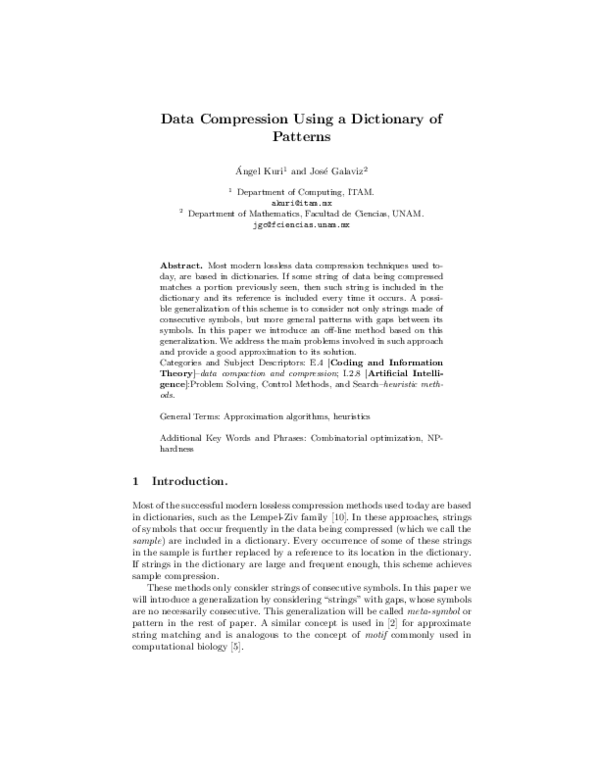 Pdf Data Compression Using A Dictionary Of Patterns 