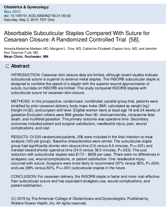 (PDF) Absorbable Subcuticular Staples Compared With Suture for Cesarean ...