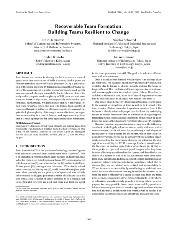 (PDF) Recoverable Team Formation: Building Teams Resilient to Change