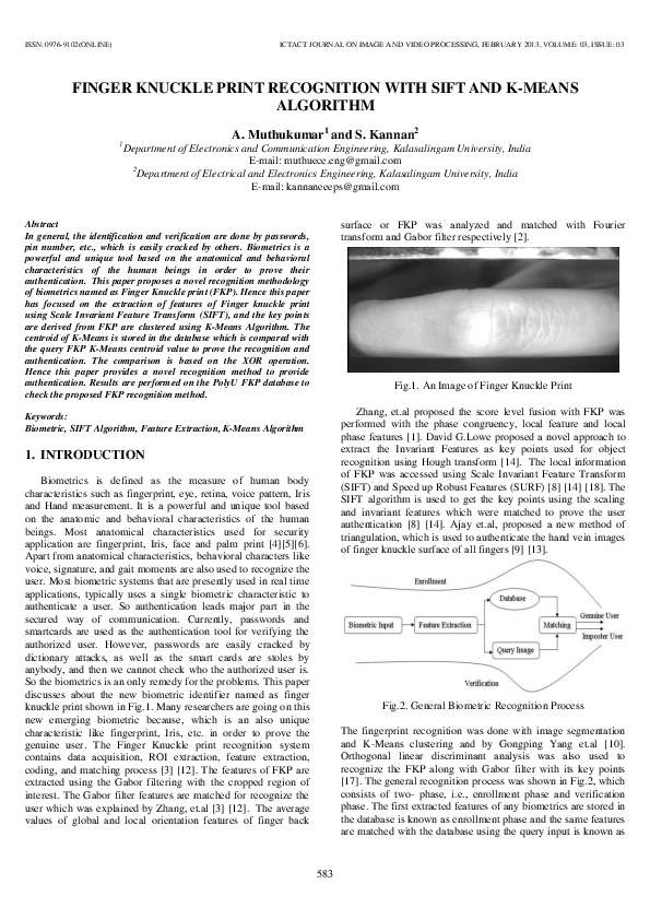 Pdf Finger Knuckle Print Recognition With Sift And K Means Algorithm