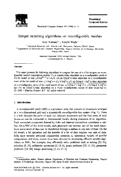 Pdf Integer Summing Algorithms On Reconfigurable Meshes Koichi Wada