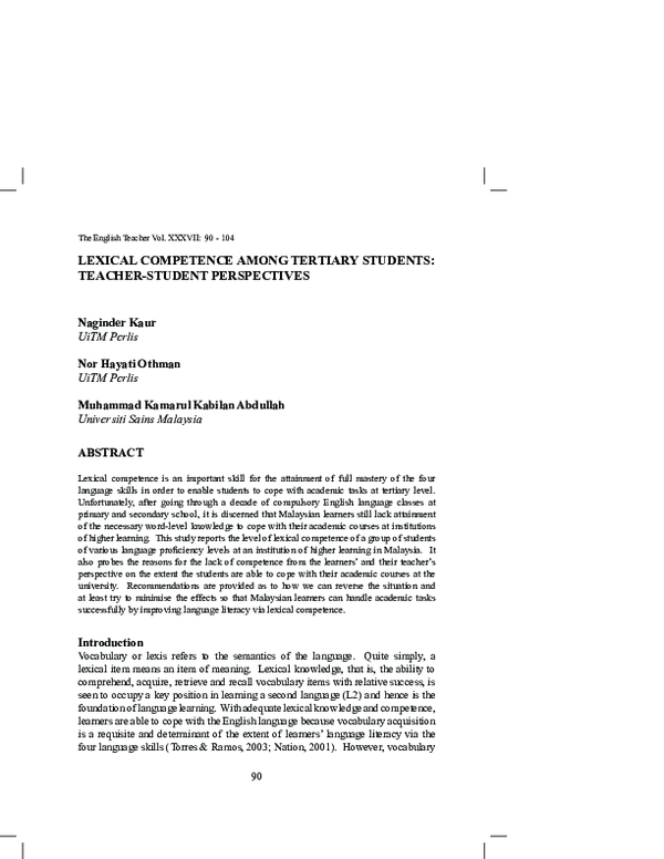 (PDF) Lexical Competence Among Tertiary Students: Teacher-Student ...