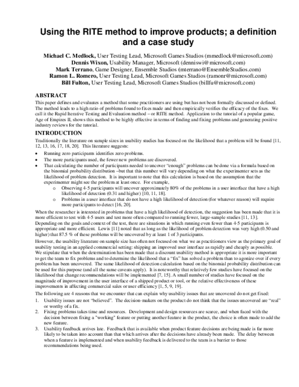 (PDF) Using the RITE Method to Improve Products: A Definition and a ...