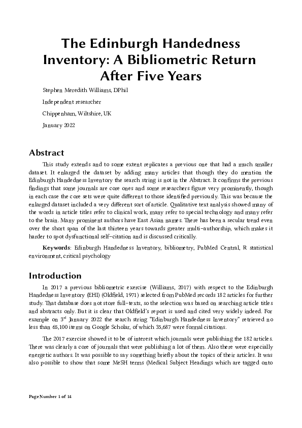 (PDF) The Edinburgh Handedness Inventory: A Bibliometric Return After ...