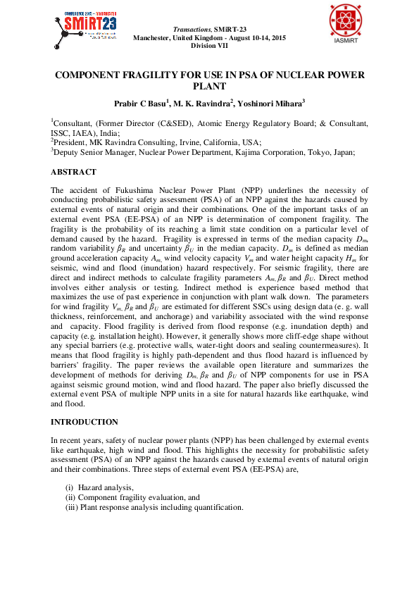 (PDF) Component fragility for use in PSA of nuclear power plant