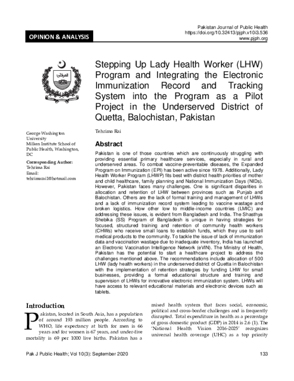 (PDF) Stepping Up Lady Health Worker (LHW) Program and Integrating the ...