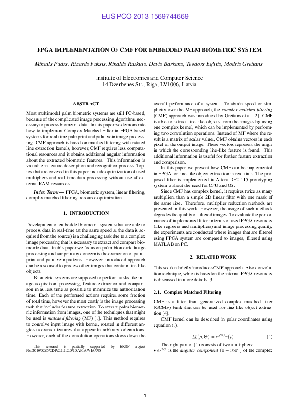 (PDF) FPGA implementation of CMF for embedded palm biometric system