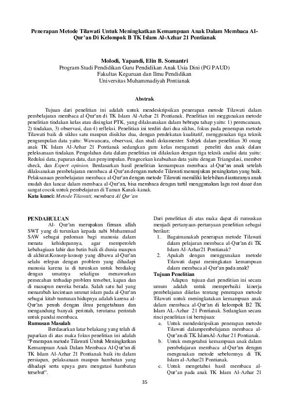 (PDF) Penerapan Metode Tilawati Untuk Meningkatkan Kemampuan Anak Dalam Membaca Al-Qur’An DI ...