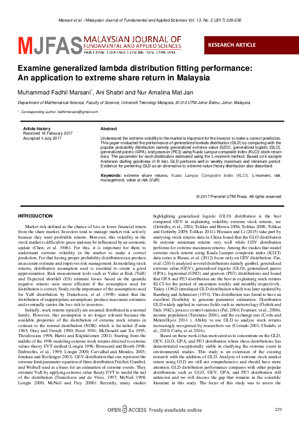 Pdf Examine Generalized Lambda Distribution Fitting Performance An Application To Extreme