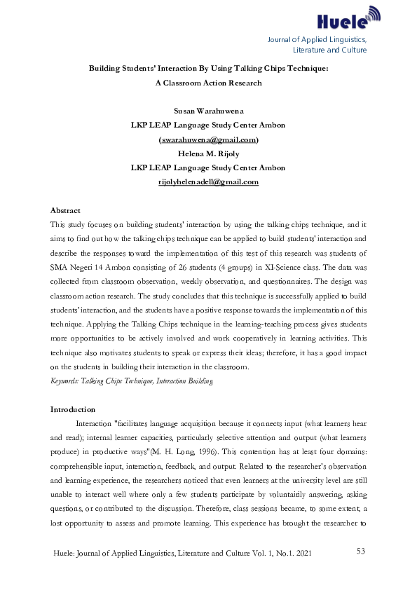 (PDF) Building Students' Interaction By Using Talking Chips Technique ...