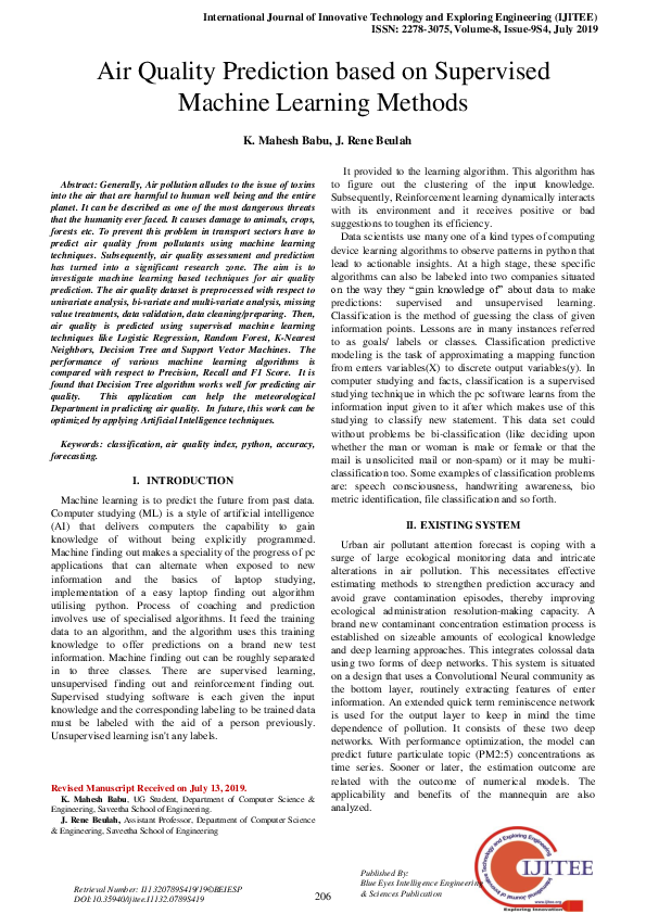 Pdf Air Quality Prediction Based On Supervised Machine Learning Methods