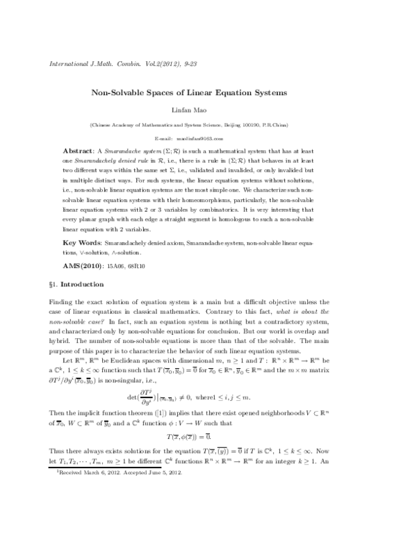 (PDF) Non-Solvable Spaces of Linear Equation Systems | Linfan Mao ...