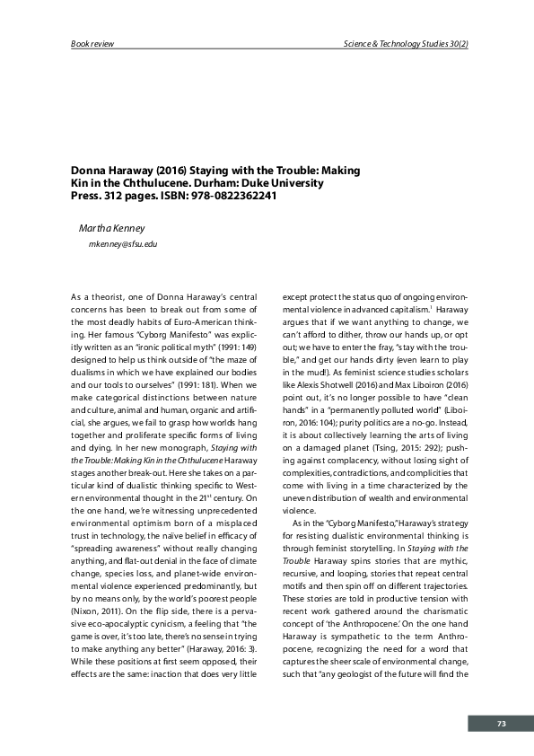 (PDF) Donna Haraway (2016) Staying with the Trouble: Making Kin in the ...