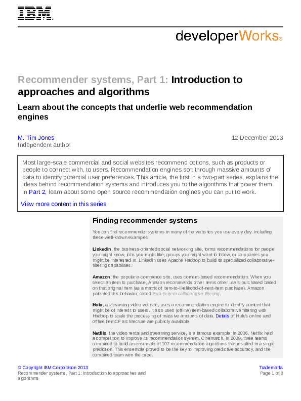 Pdf Recommender Systems Part 1 Introduction To Approaches And Algorithms Learn About The