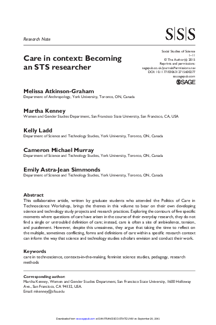 (PDF) Care in Context: Becoming an STS Researcher