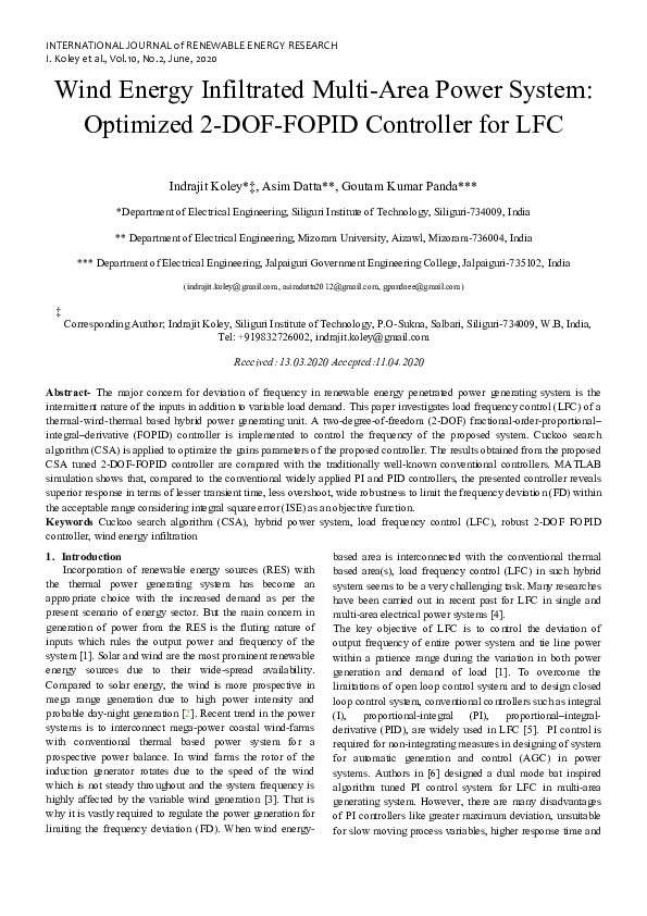 (PDF) Wind Energy Infiltrated Multi-Area Power System: Optimized 2-DOF-FOPID Controller for LFC