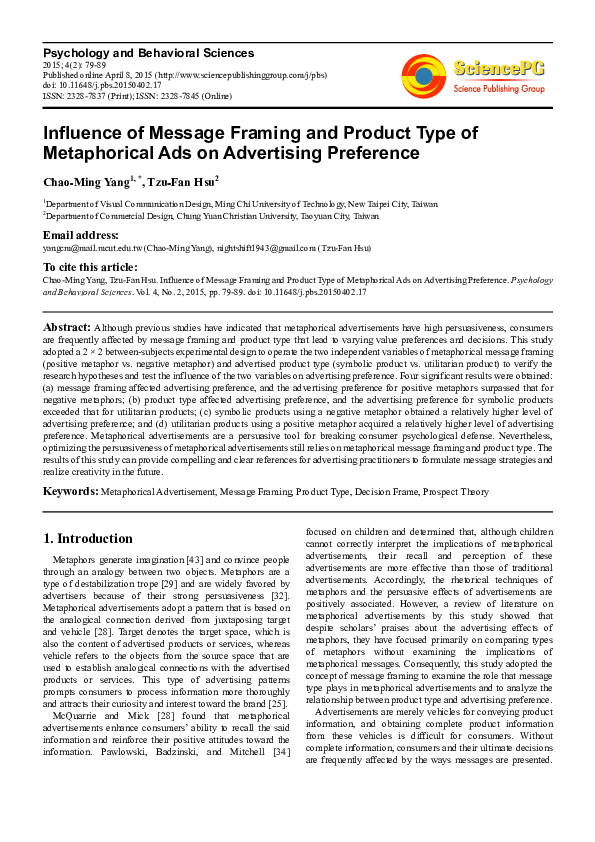 (PDF) Influence of Message Framing and Product Type of Metaphorical Ads ...