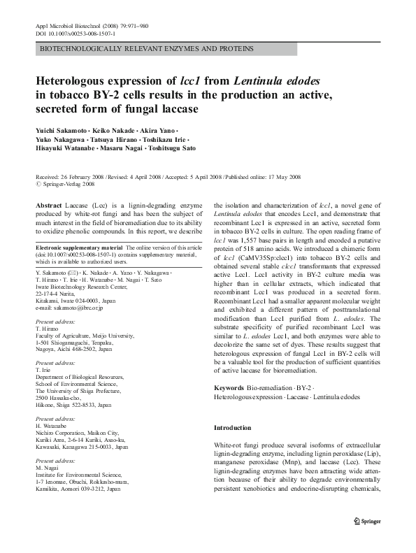 (PDF) Heterologous expression of lcc1 from Lentinula edodes in tobacco BY-2 cells results in the ...