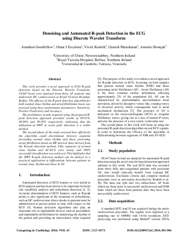 (PDF) Denoising and Automated R:peak Detection in the ECG Using Discrete Wavelet Transform